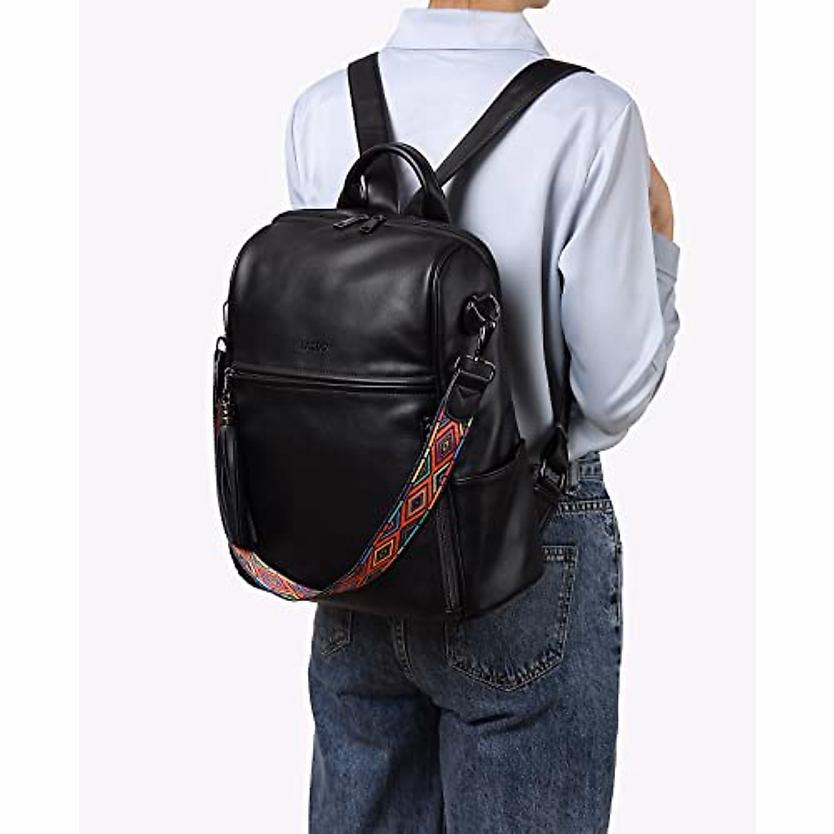 FADEON Leather Backpack Purse for Women Designer Travel Backpack Purses PU Fashion Ladies Shoulder Bag with Tassel Black