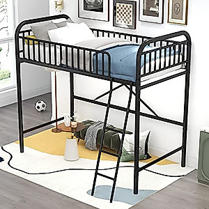GINGVAT Twin Size Metal Loft Bed with Ladders/Full-Length Guardrails, Modern Style Study/Play Area, No Box Spring Needed, Black