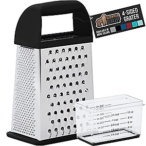 Gorilla Grip Stainless Steel Box Grater, 4-Sided XL Cheese and Spice Graters with Handle, Slice, Shred, Grate Vegetables, Ginger, Potatoes, Handheld Food Shredder, Zester, Includes Container, Black