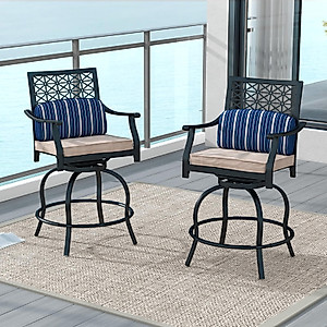 COSTWAY Outdoor Bar Chair Set of 4, 24.5 Inch Swivel Counter Height Bar Stools with Footrest, Seat Cushions & Lumbar Pillows, Metal Dining Bar Chairs for Patio, Backyard, Poolside (4)