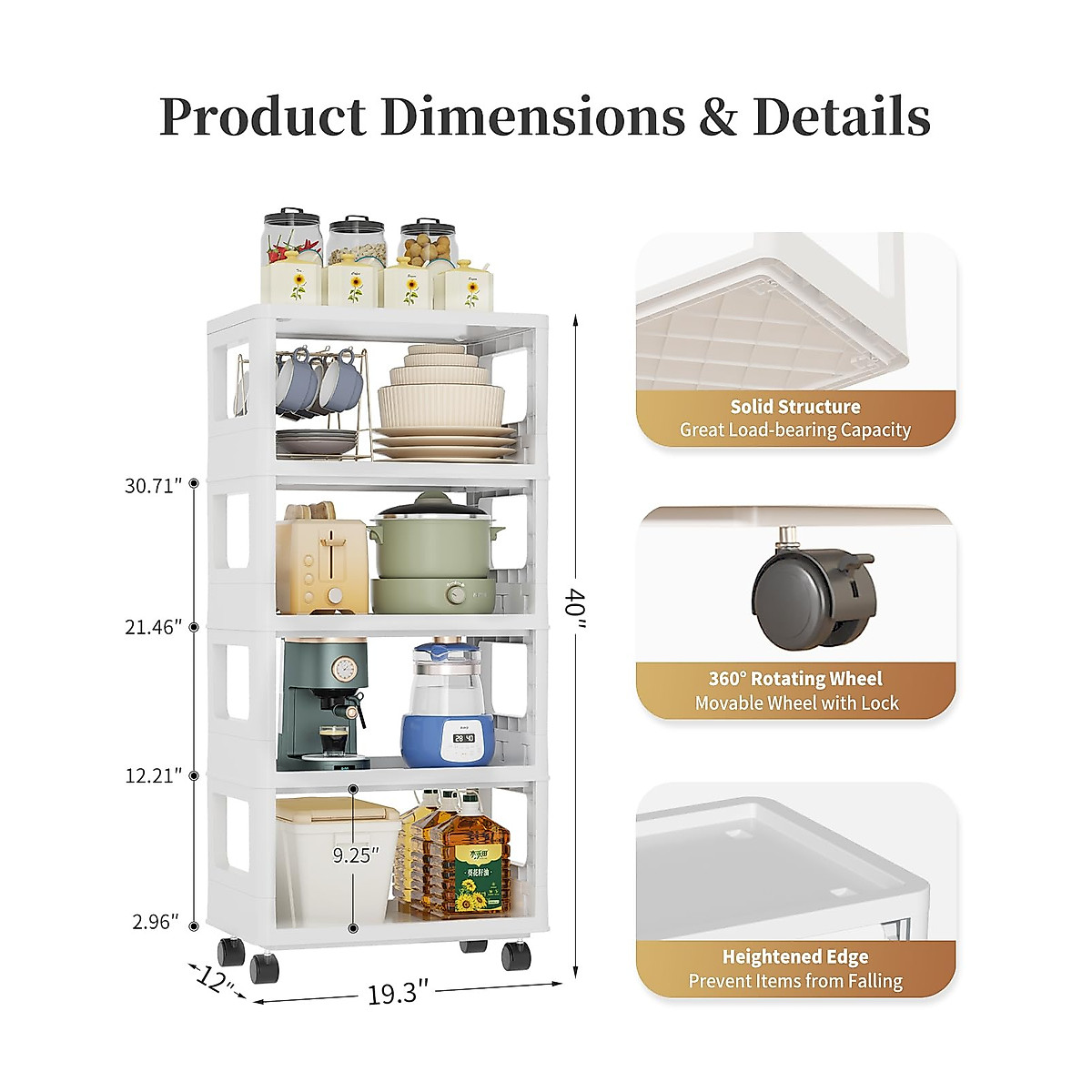 Rolling Storage Cart with Wheels - 5 Tier Multifunctional Utility Cart, Laundry Room Organization, Plastic Bathroom Storage Shelf, Mobile Shelving Units for Kitchen Living Room Study Dresser, White