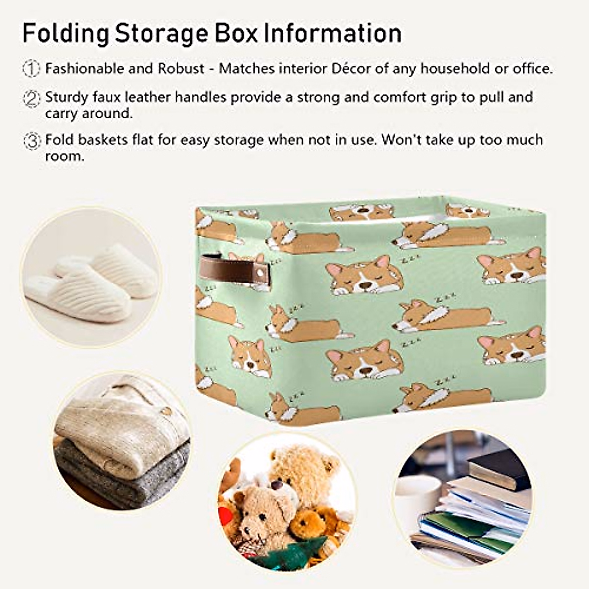 Animal Dog Corgi Cute Storage Bins Canvas Fabric Storage Basket Collapsible Storage Cube Box with Handles for Clothes, Book, Toys, Shelf, Gift Baskets, 2PC