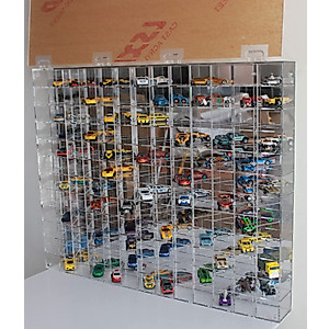 DisplayGifts Clear Acrylic Display Case for 1:64 Scale Hot Toy Cars Wheels Model Cars Display with 144 Compartments in 45 Degree Angle, Clear, UV Protect 22.5 X 30.4 X 3 Inches, Wall Mounted Storage