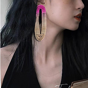 INLOLLY Pink Rhinestone Tassel Earrings for Women Sparkly Linear Fringe Crystal Dangle Earrings Long Shining Statement Dangling Chandelier Jewelry Fashion