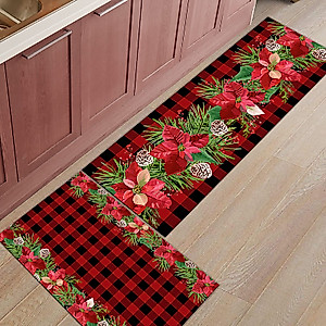 Merry Christmas Kitchen Rugs Sets 2 Piece Floor Mats Poinsettia Flowers Red Black Buffalo Plaid Doormat Non-Slip Rubber Backing Area Rugs Washable Carpet Inside Door Mat Pad Sets-16"x 24"+16"x47"
