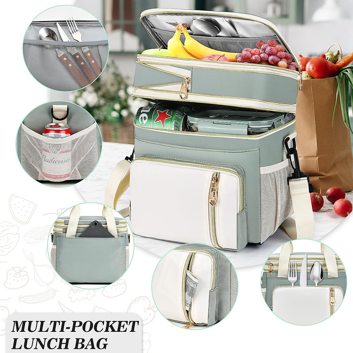 BAGNN Lunch Box & Lunch Bag for Women Men, Large Insulated Adult Lunch Box Leakproof Lunchbox Cooler Bag for Work Picnic Beach,16L, Olive Green & White