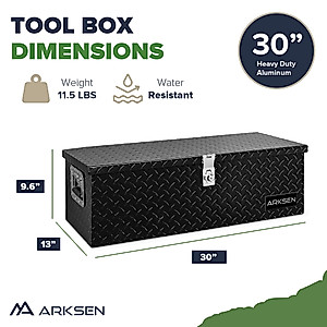 ARKSEN 30 Inch Heavy Duty Aluminum Diamond Plate Tool Box Chest Box Pick Up Truck Bed RV Trailer Toolbox Storage Lockable Organizer with Side Handle and Lock Keys – Black