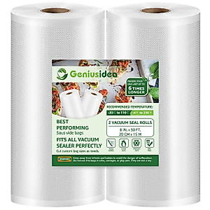 Geniusidea Vacuum Sealer Bags 8''x50' 2 Pack for Food Saver, Seal a Meal, BPA Free, Commercial Grade, Custom Fit Food Saver Bags Rolls for Sous Vide, Meal Prep, Vac Storage (100 Feet in Total)