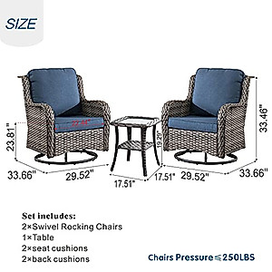 XIZZI Patio Chair Outdoor Swivel Rocking Patio Chairs Set of 2 and Matching Side Table 3 Pieces PE Rattan Wicker Patio Bistro Set 360 Degree Rotation Chairs,Grey Wicker Denim Blue