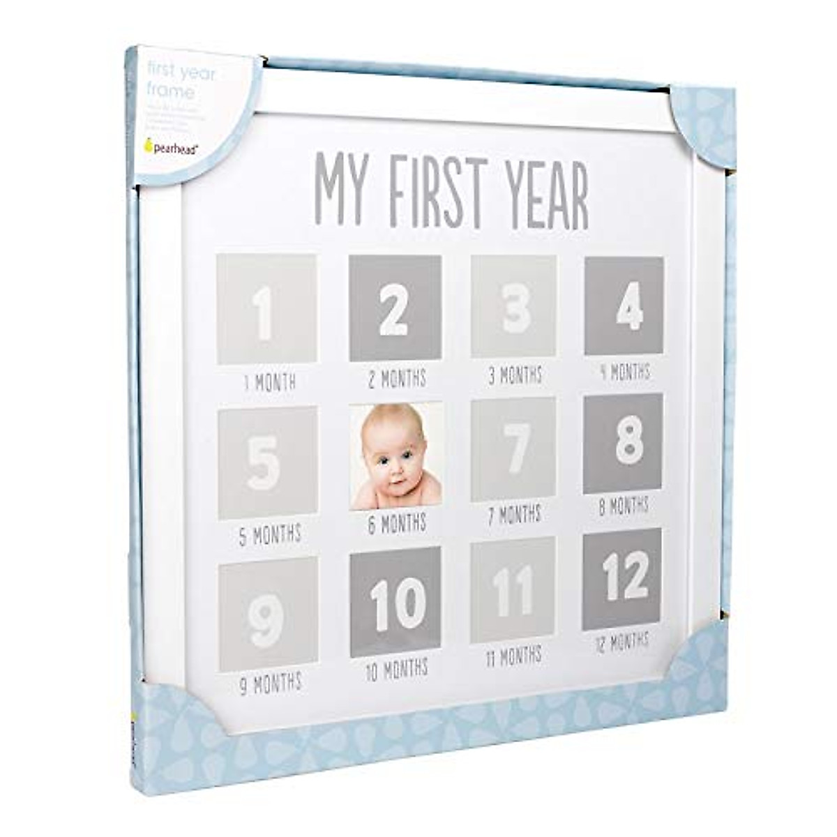 Pearhead My First Year Photo Moments Baby Keepsake Picture Frame, Baby's First Year Photo Frame, Gender-Neutral Baby Milestone Nursery Decor, White and Gray