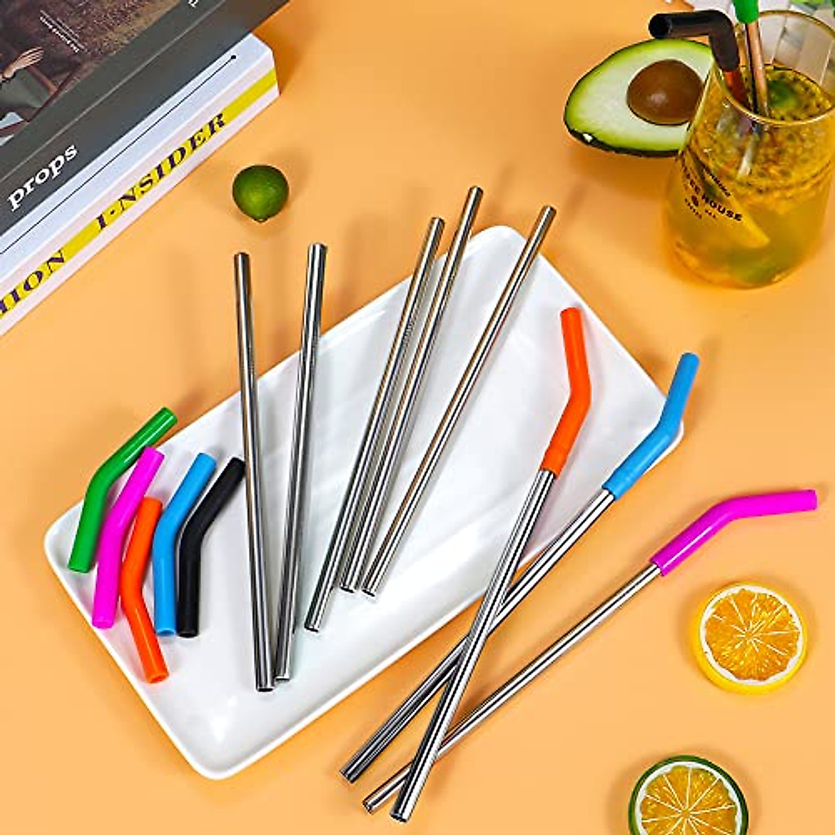 5 PCS Metal Straws with Silicone Tip, 8mm Wide Smoothie Straws, Reusable Stainless Steel Straws with 2 Cleaning Brushes,1 Portable Bag (Silver)
