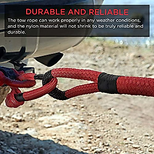 ATCWF 7/8" x 31.2' Tow Rope 29300 lbs Kinetic Recovery Rope,Nylon Double Braided Red Color,with 2 35000 lbs Spectra Fiber Soft Shackles and Storage Bag,for Off Road Vehicle,Pickup Truck,SUV,UTV,ATV