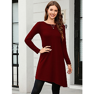 KORSIS Dresses for Women Wine Red Small Long Sleeve Round Neck Casual Button Side T Shirts Loose Fitting Sweater Jumper Fall Winter Christmas Tunic Dress