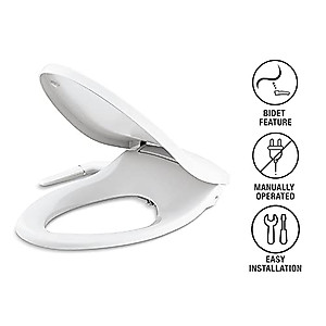 KOHLER K-5724-0 Puretide Bidet Toliet Seat, Elongated Manual Non Electric Bidet with Adjusting Spray Pressure and Position, White Quiet-Close Lid