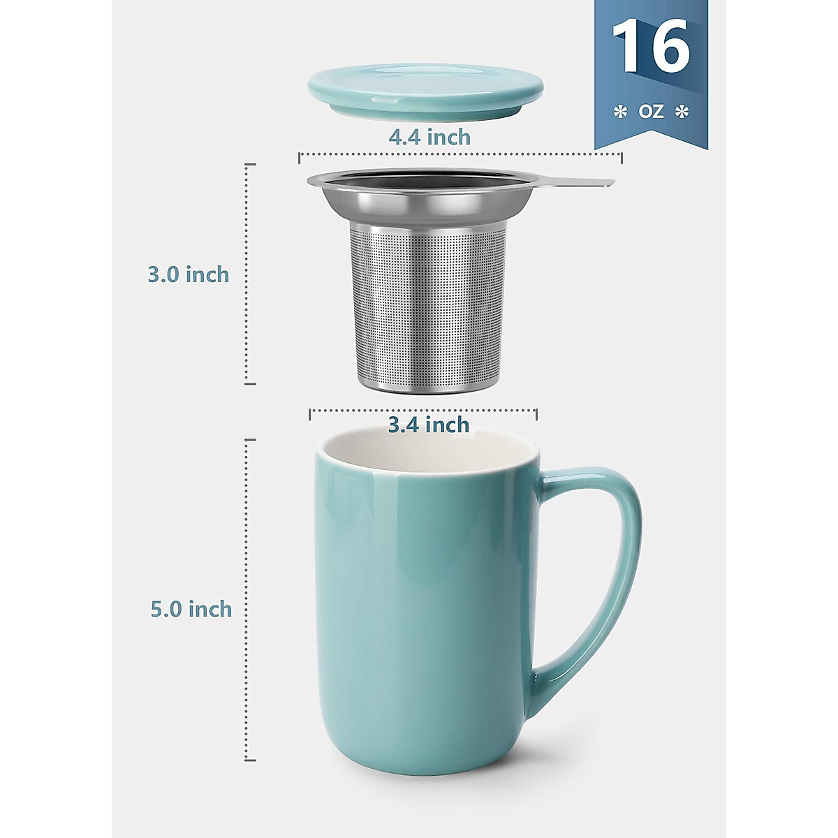 Sweese 16 OZ Porcelain Tea Mug with Infuser and Lid, Loose Leaf Tea Cup, Gifts for Tea Lover, Turquoise