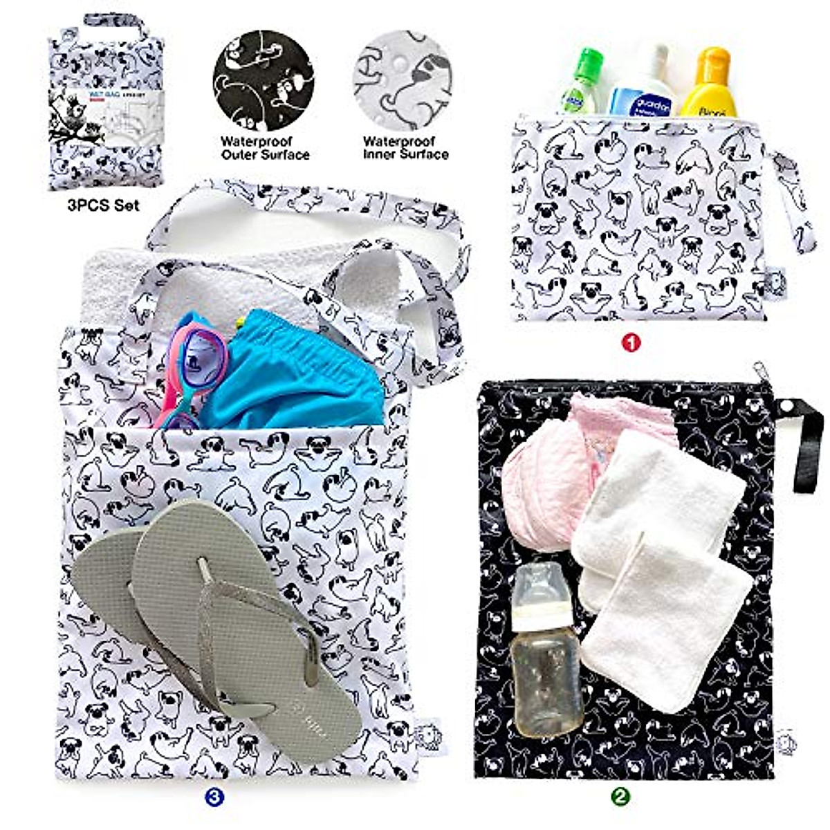 FLOCK THREE 3pcs Waterproof Wet Bag Tote Reusable Wet Clothes Baby Diapers Stroller Swimsuit Travel Reusable toiletries Pouch Small Larger Electronics case 3 Pack Dog (Yoga Dog)