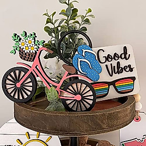 Summer Tier Tray Decor Summer Decor Summer Time Hello Summer Hierarchical Tray Decorative Set Summer Wooden Decorative Wooden Kitchen Hierarchical Kitchen Pictures (Blue #7, One Size)