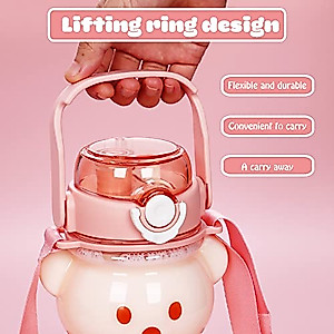 Kawaii Bear Straw Water Bottles Love Large Water Cups Strap for Kids Girls Gifts School Sports Daily Life Milk Tea Juice Travel Drinking Bottled Water Cute Portable Leakproof (Brown)