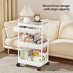 YKLSLH 3-Tier Rolling Cart wiht Drawer, Multifunctional Utility Cart Craft Art Cart Trolley Organizer with Plastic Shelf & Metal Wheels, Storage Cart for Kitchen,Bathroom,Living Room,Office,White