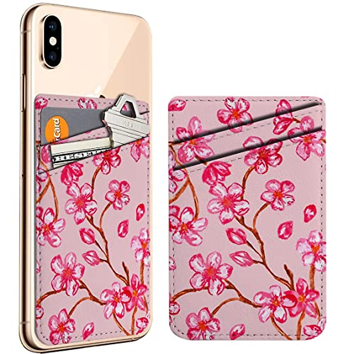 Diascia Pack of 2 - Cellphone Stick on Leather Cardholder ( Cherry Blossom Watercolor Painting Pattern Pattern ) ID Credit Card Pouch Wallet Pocket Sleeve