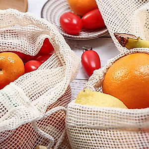 Lesibag 9 Pcs Reusable Cotton Mesh Grocery Bags Reusable Washable Produce Bags for Fruits, Vegetable, Food, Toys (Beige)