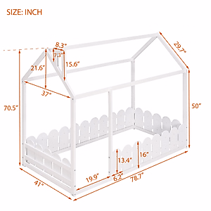 AOCOROE Twin Size House Bed for Boys and Girl Wood Twin Platform Bed Frame Playhouse Design Canopy Bed Tent Bed with Roof and Fence, Floor Height,White