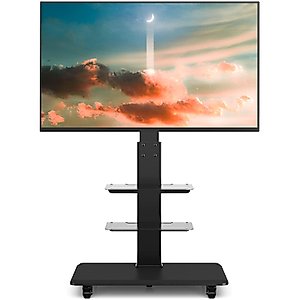 5Rcom Mobile TV Cart Portable TV Floor Stand Rolling with Wheels and Swivel Mount for 32 37 40 42 47 50 55 60 65 inch LED LCD Flat or Curved Screens TVs up to 110lbs Media Shelf Storage, Black
