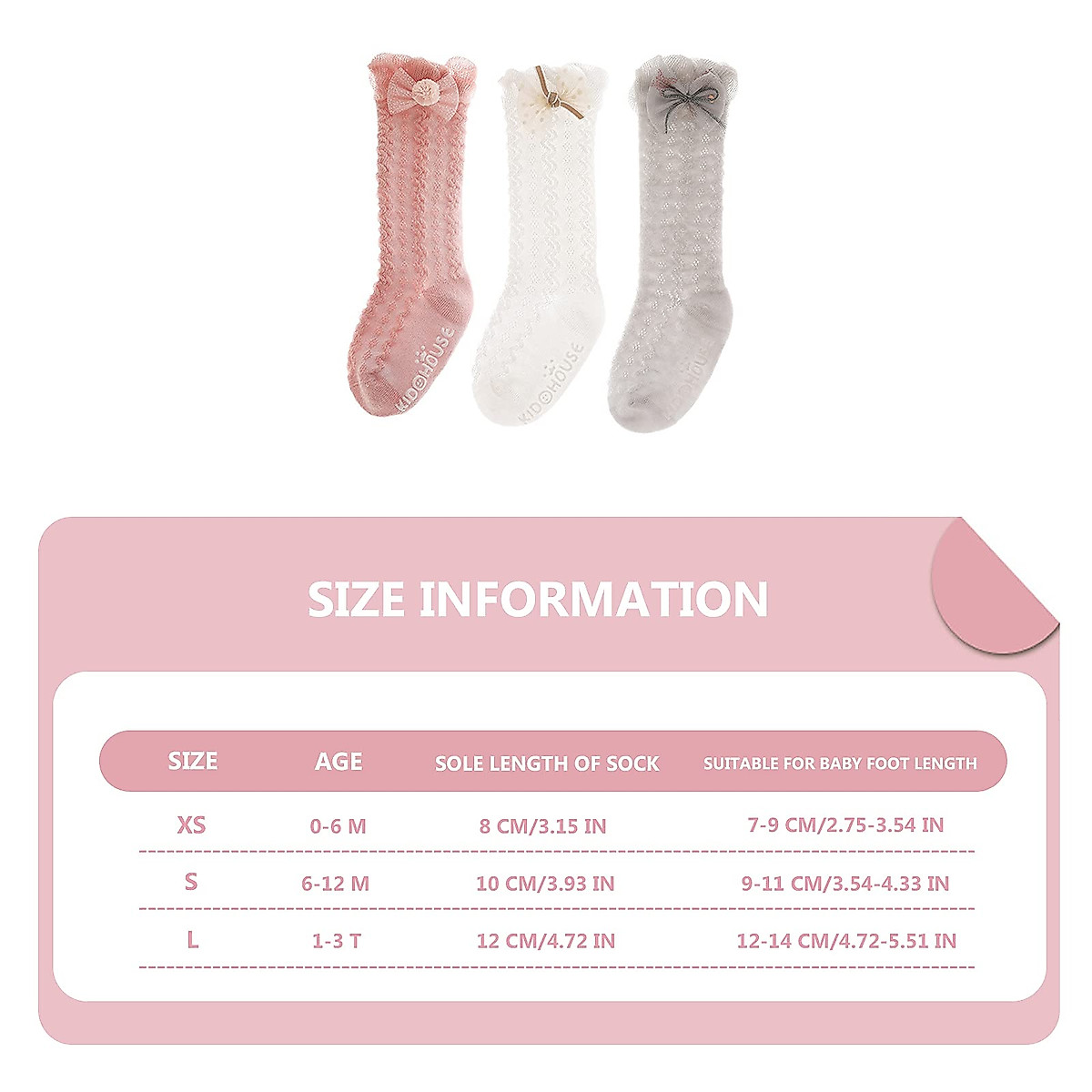 Apone Fatu Baby Knee High Socks Non Slip Grip Ankle Socks Ruffled Long Stockings for Infants Toddlers Kids Boys Girls (as1, age, 0_month, 6_months, Pink/White/Gray)