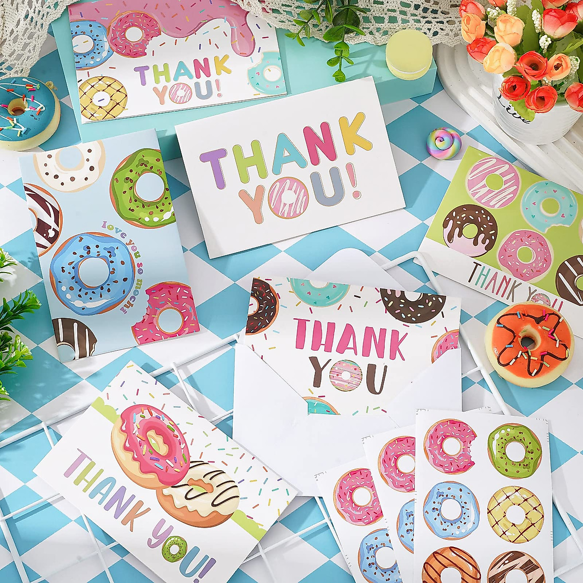 AnyDesign 36 Pack Donut Thank You Cards with Matching Seal Stickers Envelope Assorted Cartoon Doughnut Greeting Blank Note Cards for Baby Shower Wedding Birthday Party Business Stationery