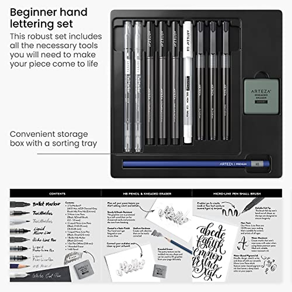 ARTEZA Hand Lettering Pens, 12-Piece Calligraphy Set for Beginners, 5 Micro-Line Pens, 2 TwiMarkers, Gel Pen, Bullet Marker, Pencil, & Eraser, Art Supplies with a Guidebook