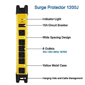 CCCEI Heavy Duty Power Strip Surge Protector with 15A, 6 Outlet Industrial, Shop Workshop Garden Metal Power Strip with 6FT Cord 1200 Joules ETL Listed, Yellow