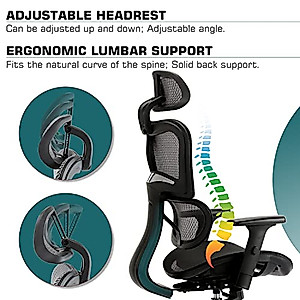 SMUG Ergonomic Office High Back Computer, Mesh Home Desk Lumbar Support, Tilt and Lock, Comfy Rolling Executive Swivel Task Chair with 3D Adjustable Headrest and Armrests, Black
