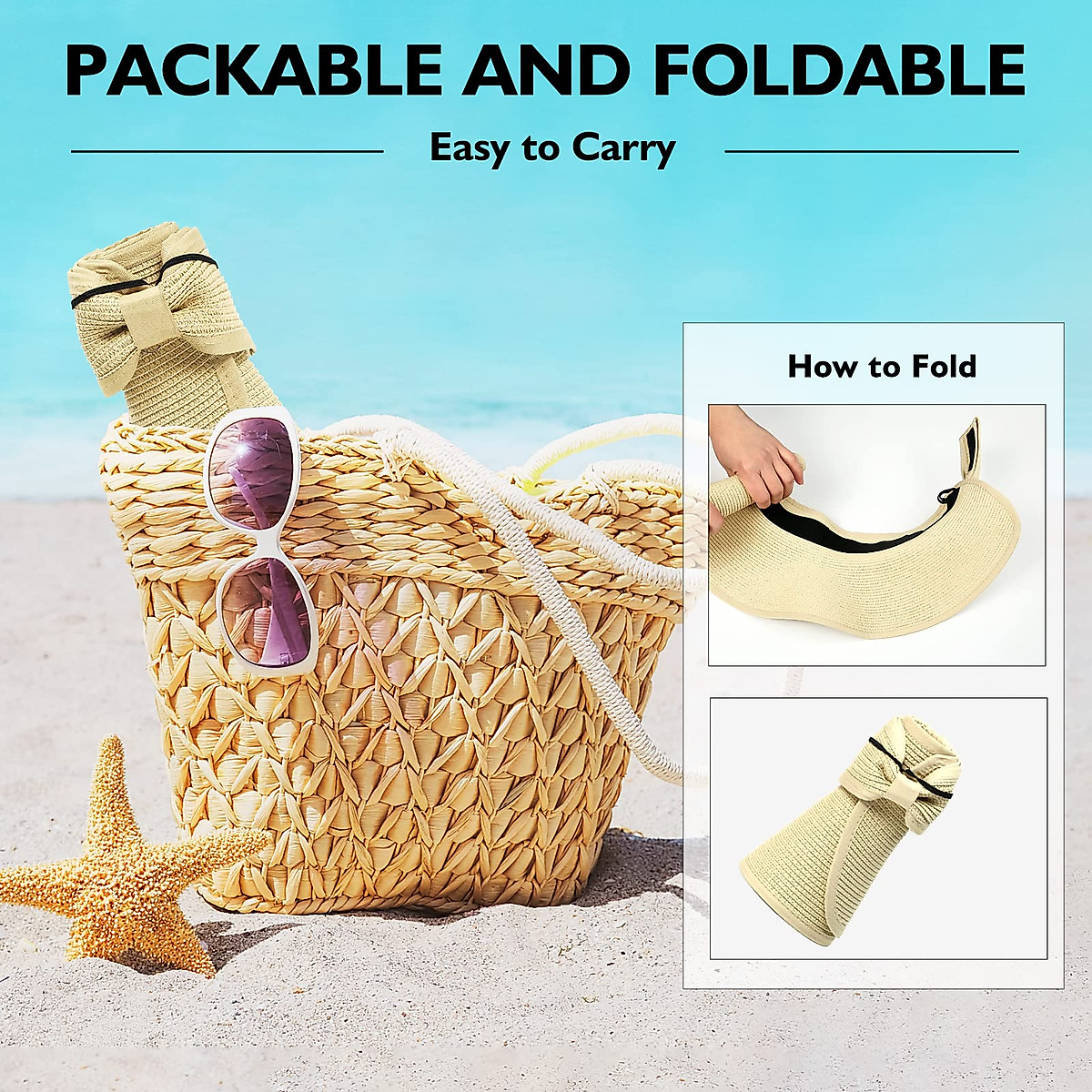 Beach Hats for Women, Wide Brim Sun Hat Womens, Packable Sun Visor Roll-up Sun Hat, Summer Straw Hats for Women UV Protection, Foldable Beach Hat for Girls Summer Vacation Travel Accessories Khak