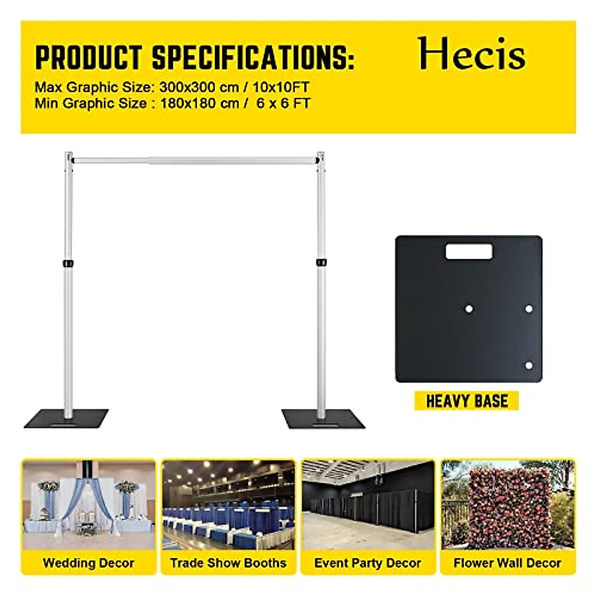 Hecis Pipe and Drape, Portable Pipe and Drape Backdrop Stand with Crossbar, Adjustable Pipe and Drape Backdrop Kit for Event， Party, Trade Shows and Wedding Decor, 10FTX10FT Double Crossbar