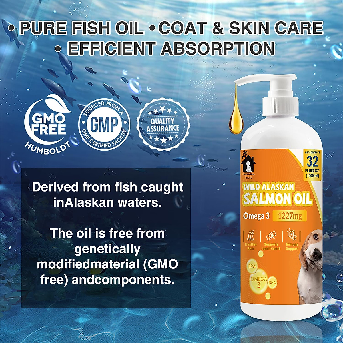 Salmon Oil for Dogs & Cats - Omega 3 Fish Oil Supplement for Healthy Skin & Coat, Joint & Bone Support, Allergy Relief, & Inflammation Defense - 32oz All-Natural Liquid Food Supplement