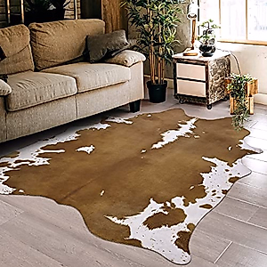 Merelax Premium Cow Print Living Room Rugs 5.2x6.2 Feet, Large Faux Cow Hide Rug for Bedroom Home Office Western Decor, Durable Cowhide Animal Print Floor Carpet, Brown