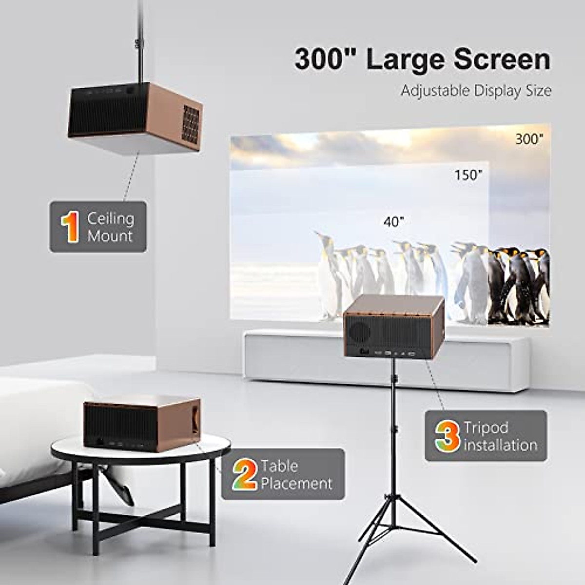 Projector, Projector with WiFi and Bluetooth XIDU 15000L Outdoor Projector 4K Support, Native 1080P Projector with 300" Display Home Theater Movie Projector, Compatible w/TV Stick/iOS/Android/Win/PS5