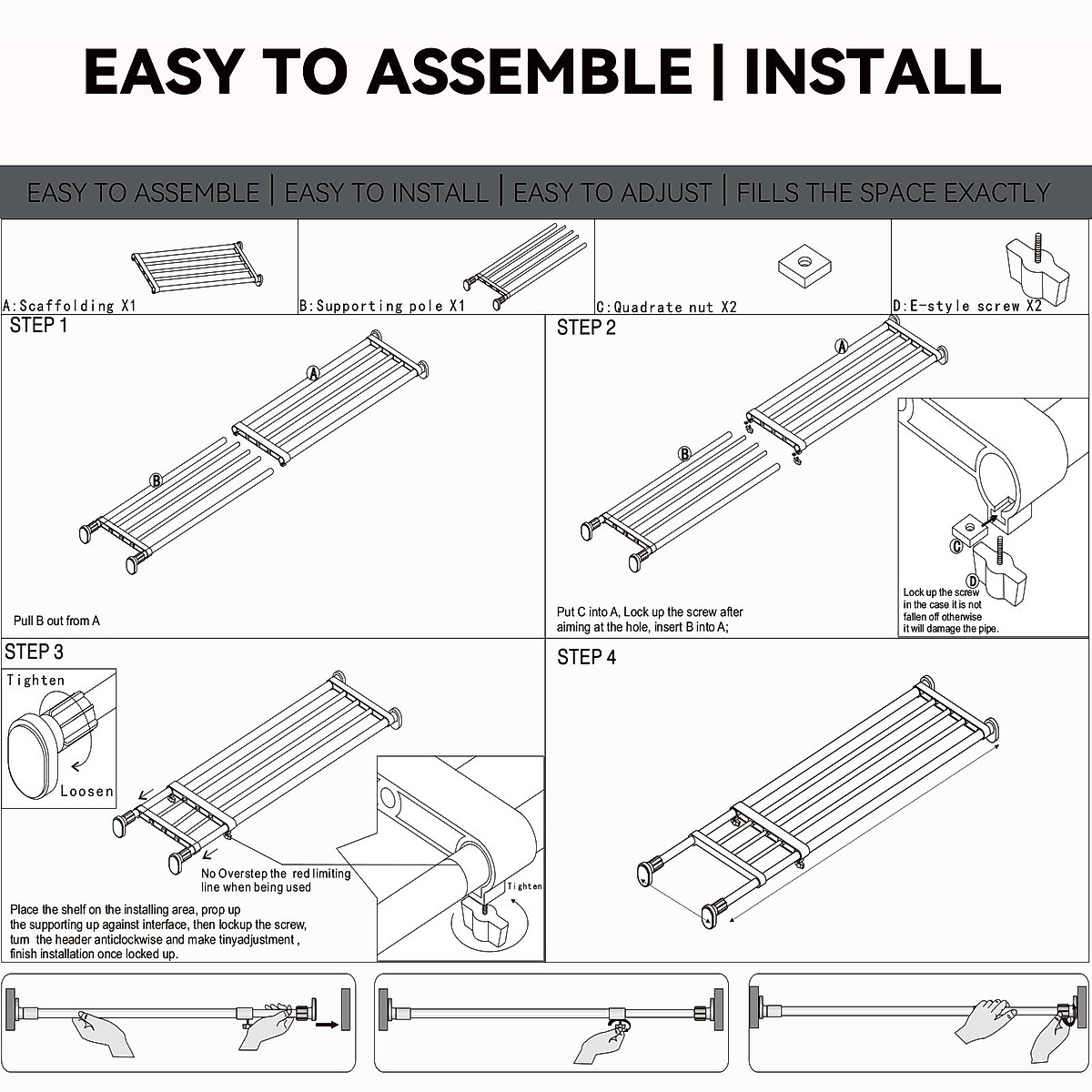 Yuanjimi 33 to 46 Inches, Closet Shelves,Wall Mounted Tension Shelf,Expandable Easy to Install for Pantry, Closet, Laundry, Utility Storage, Stainless Steel, Silver + Black