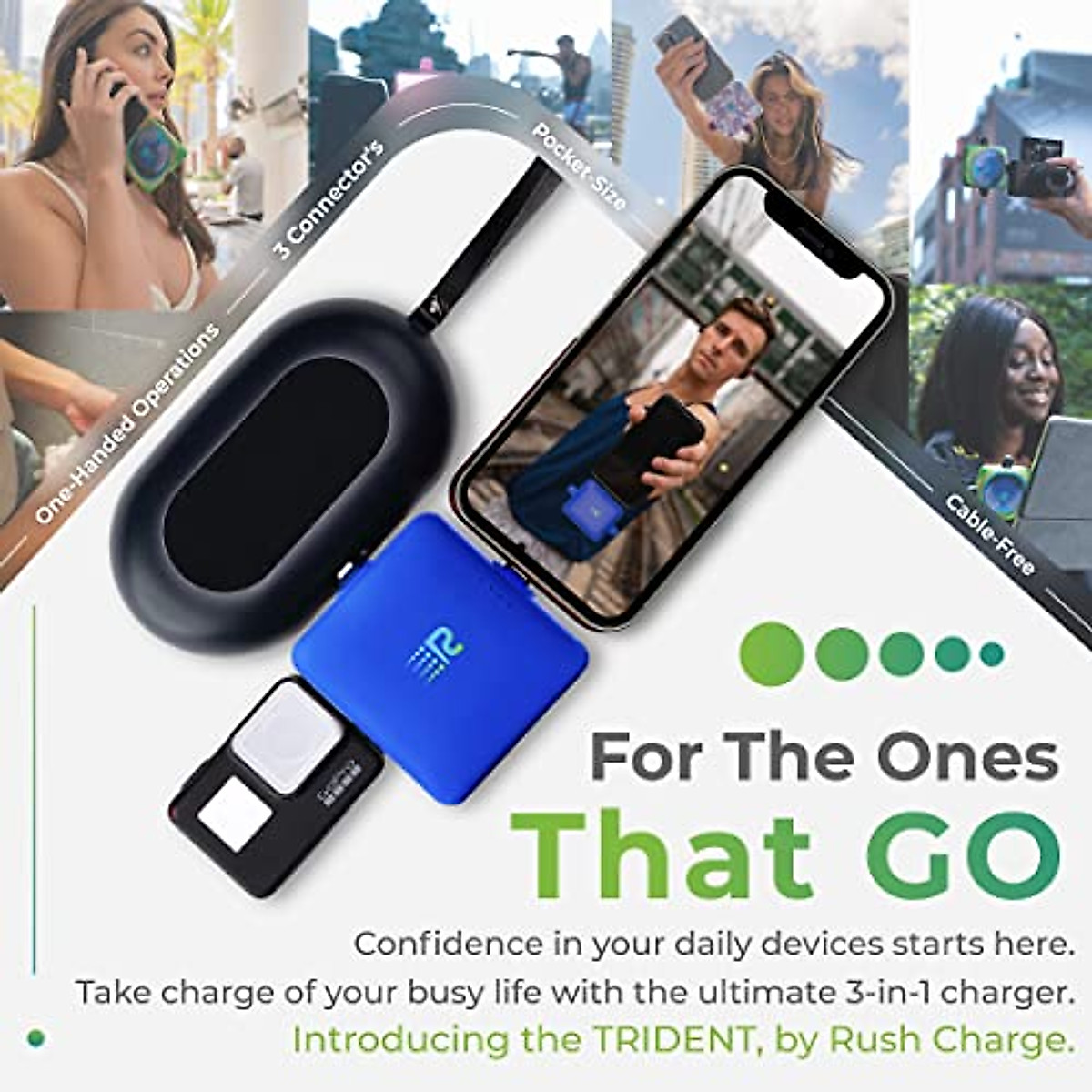 Rush Charge Wireless Power Bank (Black) – Trident 3-in-1, 4000mAh Portable Battery Bank for Samsung, iPhone, Earbuds, & More - Micro USB, Lightning, & USB C Power Bank – Travel Slim Power Bank