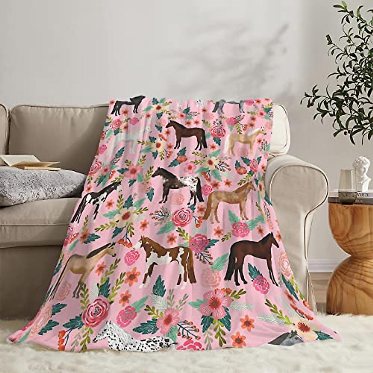 Horse Blanket Gift for Girls Women Cute Animal Horses Flowers Fleece Flannel Throw Blankets Soft Lightweight Plush Pink Blanket for Horse Lovers Decor Bed Sofa 50"x40"