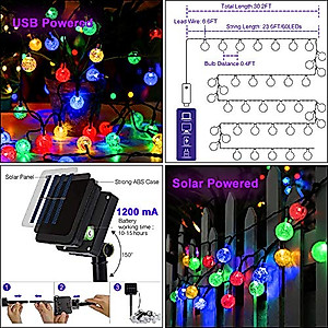 Solar String Lights Outdoor Waterproof, 30.2 FT 60 LED Crystal Globe Twinkle Lights Solar& USB Powered with 8 Lighting Modes for Garden Patio Backyard Party Wedding (60 LED, Multi-Colored)