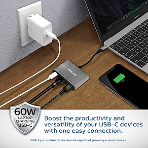 Philips USB C Hub to Multiport Adapter, 3 in 1 Power Pass Through, HDMI 4k@30Hz, 60W USB C Charging Port, 5Gbps USB 3.0 Port for MacBook Pro, MacBook Air, UCB C Laptop Docking Station, DLK9220C/27
