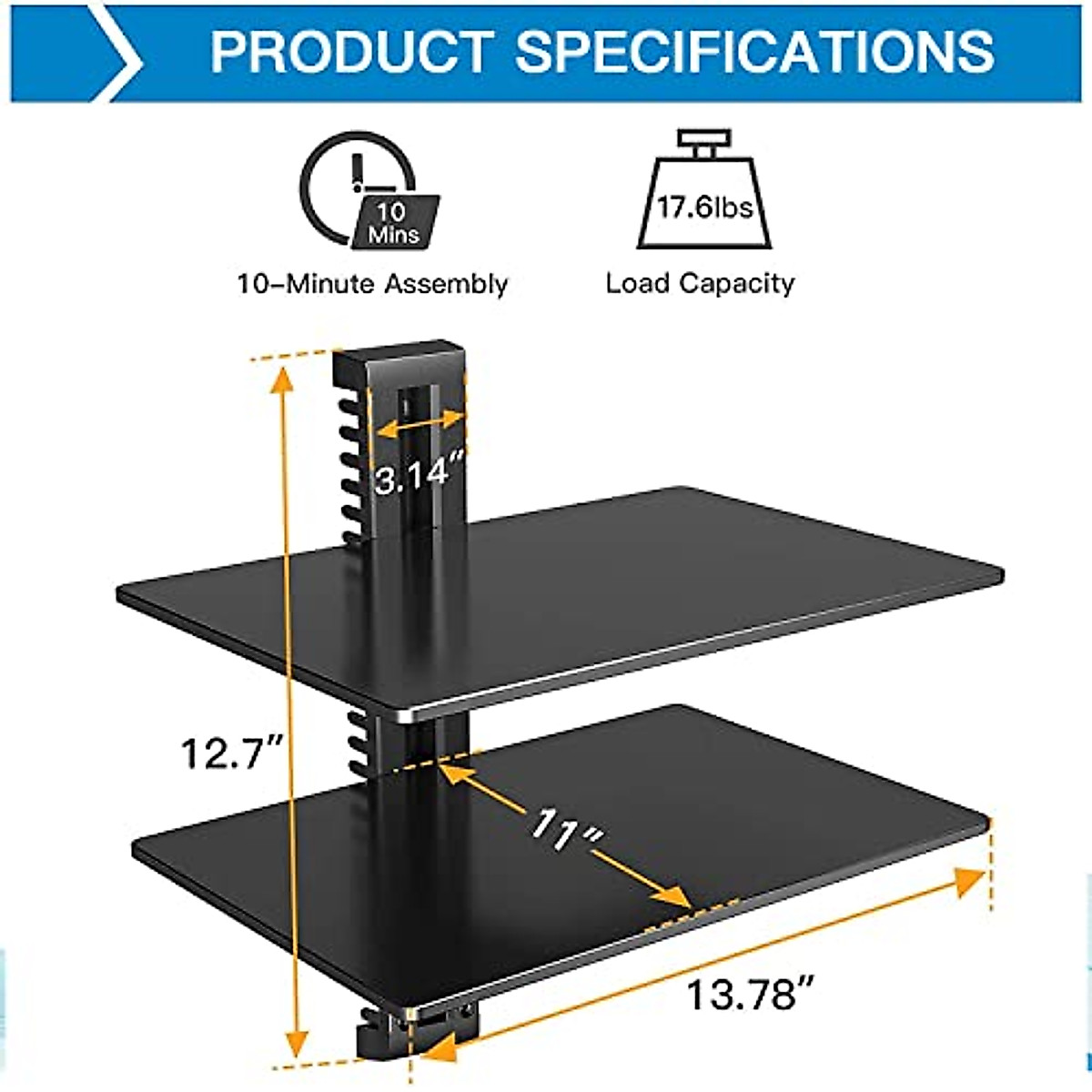 PERLESMITH Floating AV Shelf Double Wall Mount TV Shelf - Holds up to 17.6lbs - DVD DVR Component Shelf - Perfect for Xbox, Projector, WiFi Router, Game Console and Cable Box, PSDSK2