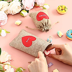Crtiin 24 Pieces Valentine Heart Burlap Bags Valentine's Gift Bag Gift Candy Drawstring Bags Pouch Linen Gift Pockets for Valentines Party Favors Treat Goodie Bags (Letter Style)