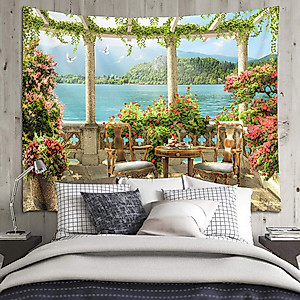 LB Realistic European Palace Garden Tapestry Wall Hanging Balcony Lake Mountain Scene Tapestries Poster Art Bedspread Home Room Decor, 92x 70.5 Inches