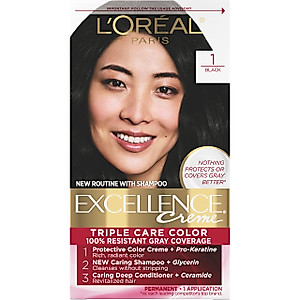 L'Oreal Paris Excellence Creme Permanent Triple Care Hair Color, 1 Black, Gray Coverage For Up to 8 Weeks, All Hair Types, Pack of 1