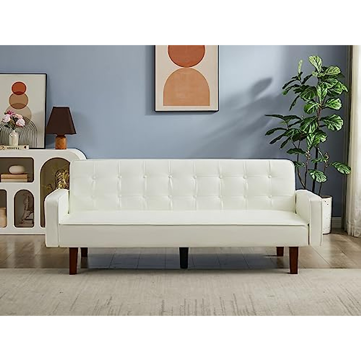 Lunanniu Vegan Leather Sofa Bed Sleeper Couch 74.4 Inch Convertible Loveseat Size for Small Space 3 Seater Chesterfield Button Tufted for Office Apartment Dorm Living Room White