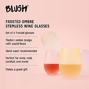 Blush Frosted Ombre Stemless Wine Glasses in Pink, Purple, Yellow, and Green, Colorful 12 Oz Set of 4
