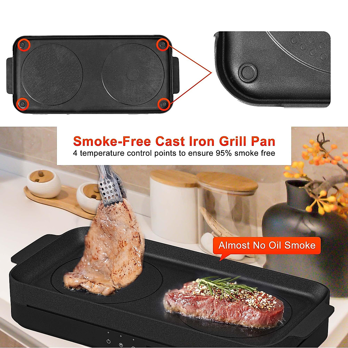 COOKTRON Portable Induction Cooktop 2 Burner with Removable Iron Cast Griddle Pan Non-stick, 1800W Double Induction Cooktop with Child Safety Lock & Time, Great for Family Party