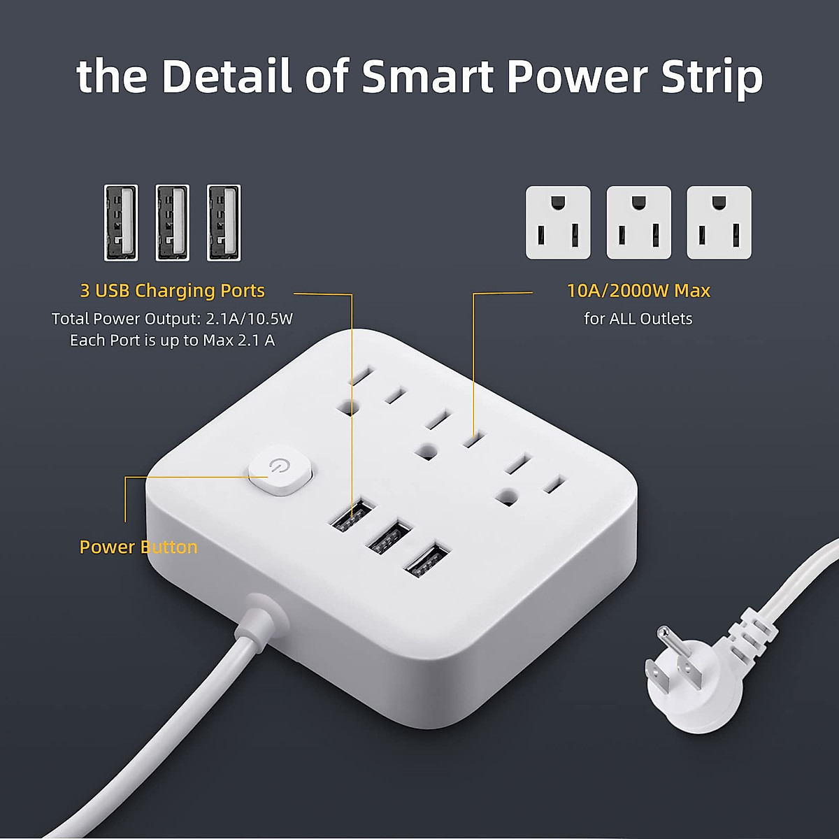USB Flat Plug power strip]Extension Cord with 3 Outlets 3 USB Ports(Smart 2.1 A), 4ft Power Cord,UL Compact